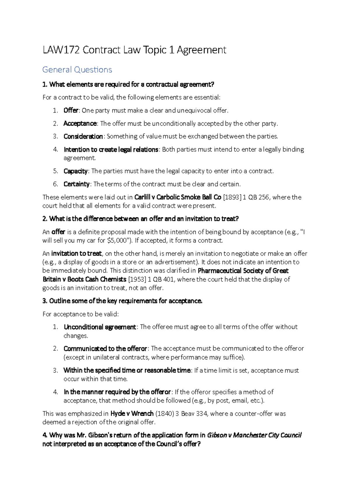 Topic 1 Tutorial questions - LAW172 Contract Law Topic 1 Agreement ...