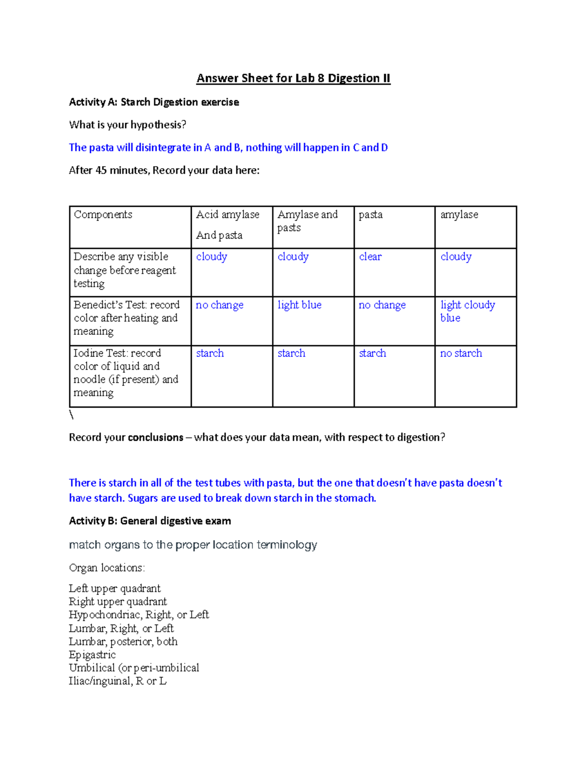 Lab 8 Blank Answer Sheet for Digestion II - Answer Sheet for Lab 8 ...