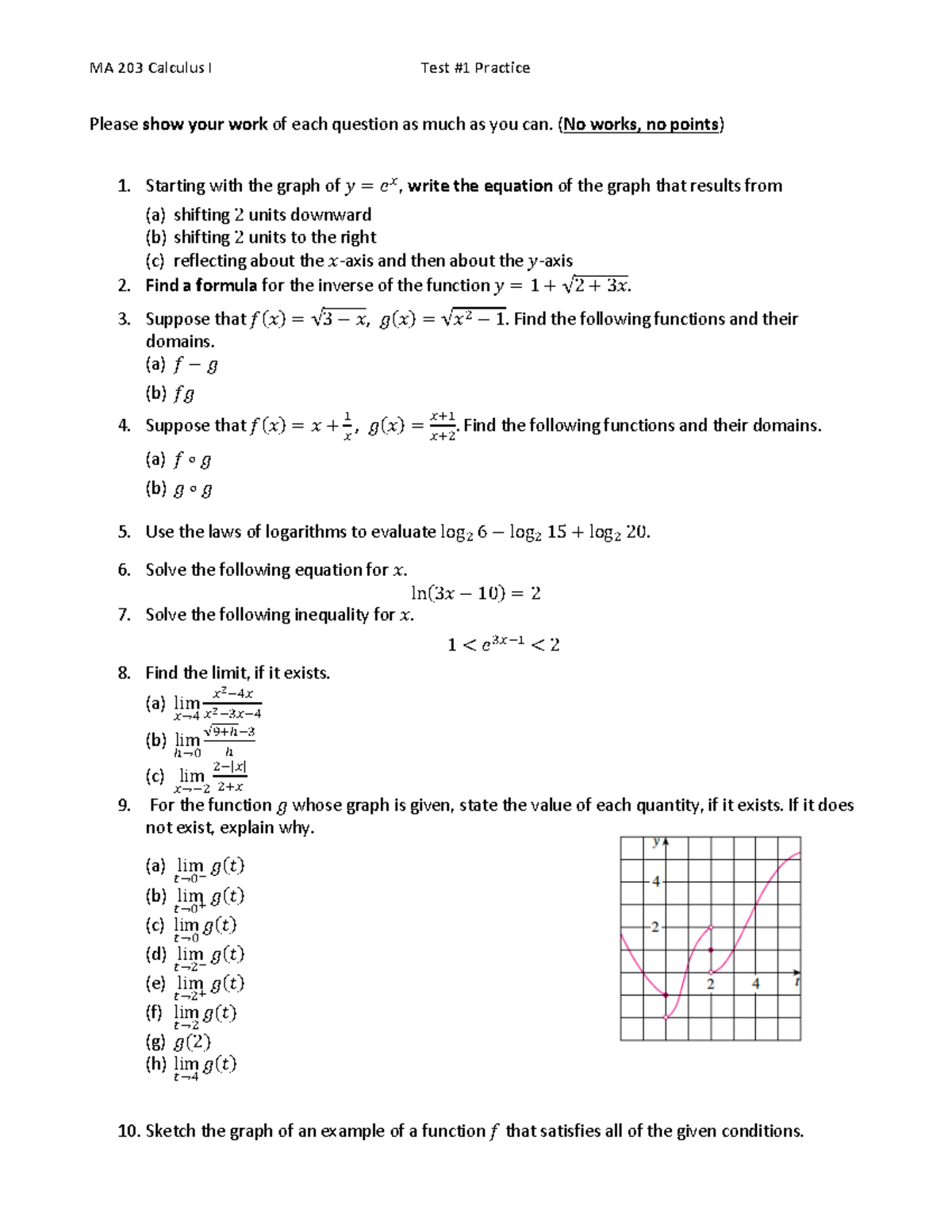 Test #1 Practice - MA 203 Calculus I Test #1 Practice Please show your ...