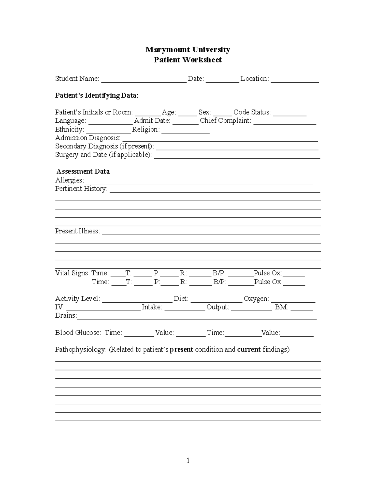 NU307 Clinical Patient Worksheet - Marymount University Patient ...