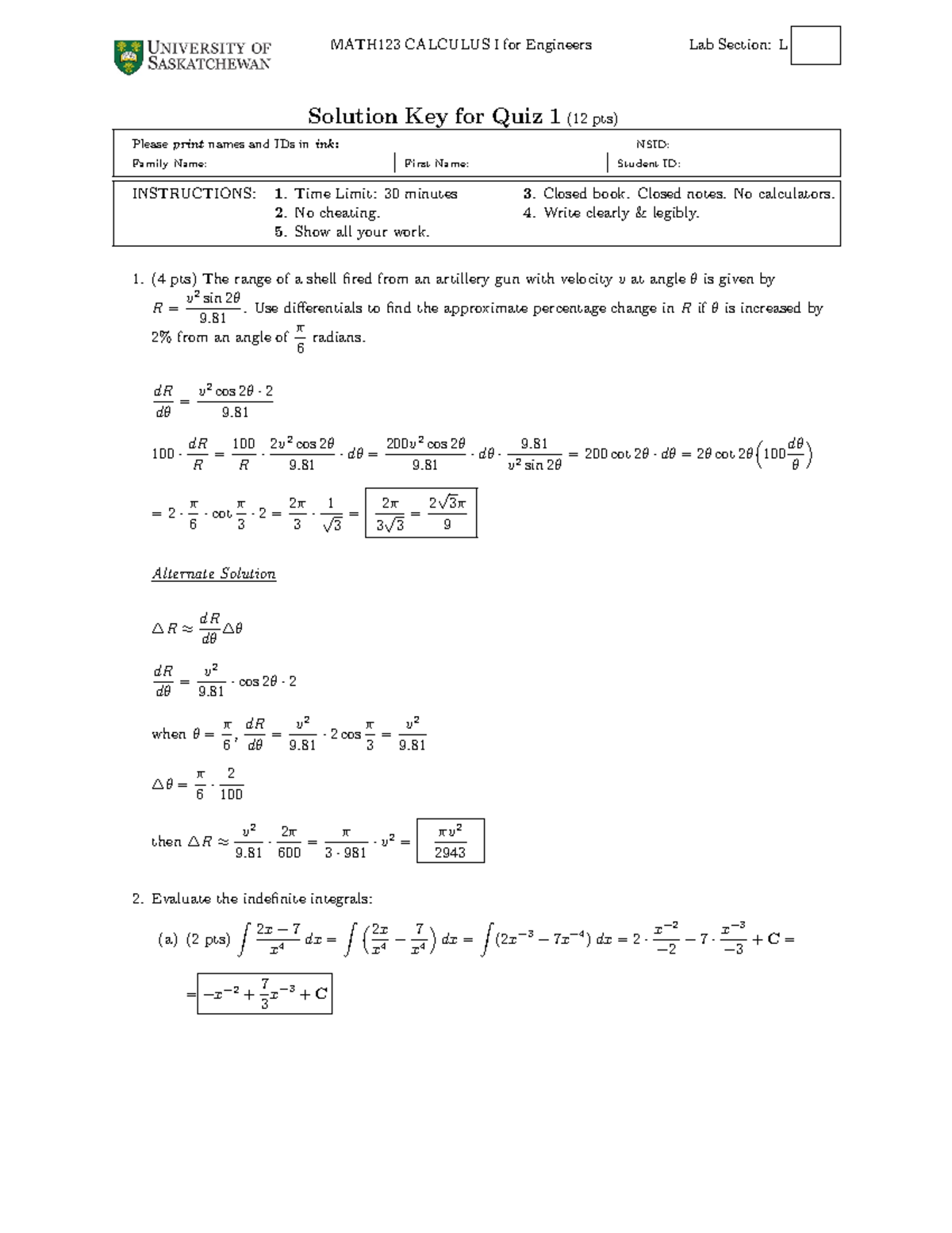 Seminar assignments - Quiz 1 - 8 solutions (2014) - MATH123 CALCULUS I for Engineers Lab Section ...