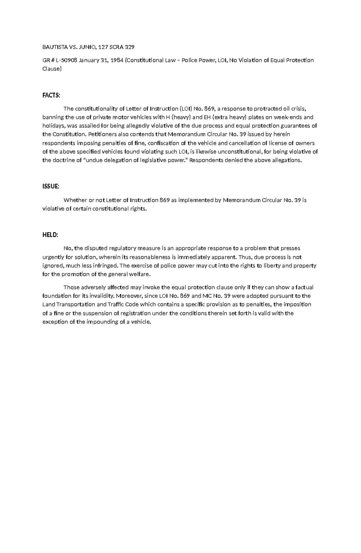 LAW- Cases - Case Digest - BAUTISTA VS. JUNIO, 127 SCRA 329 GR # L ...