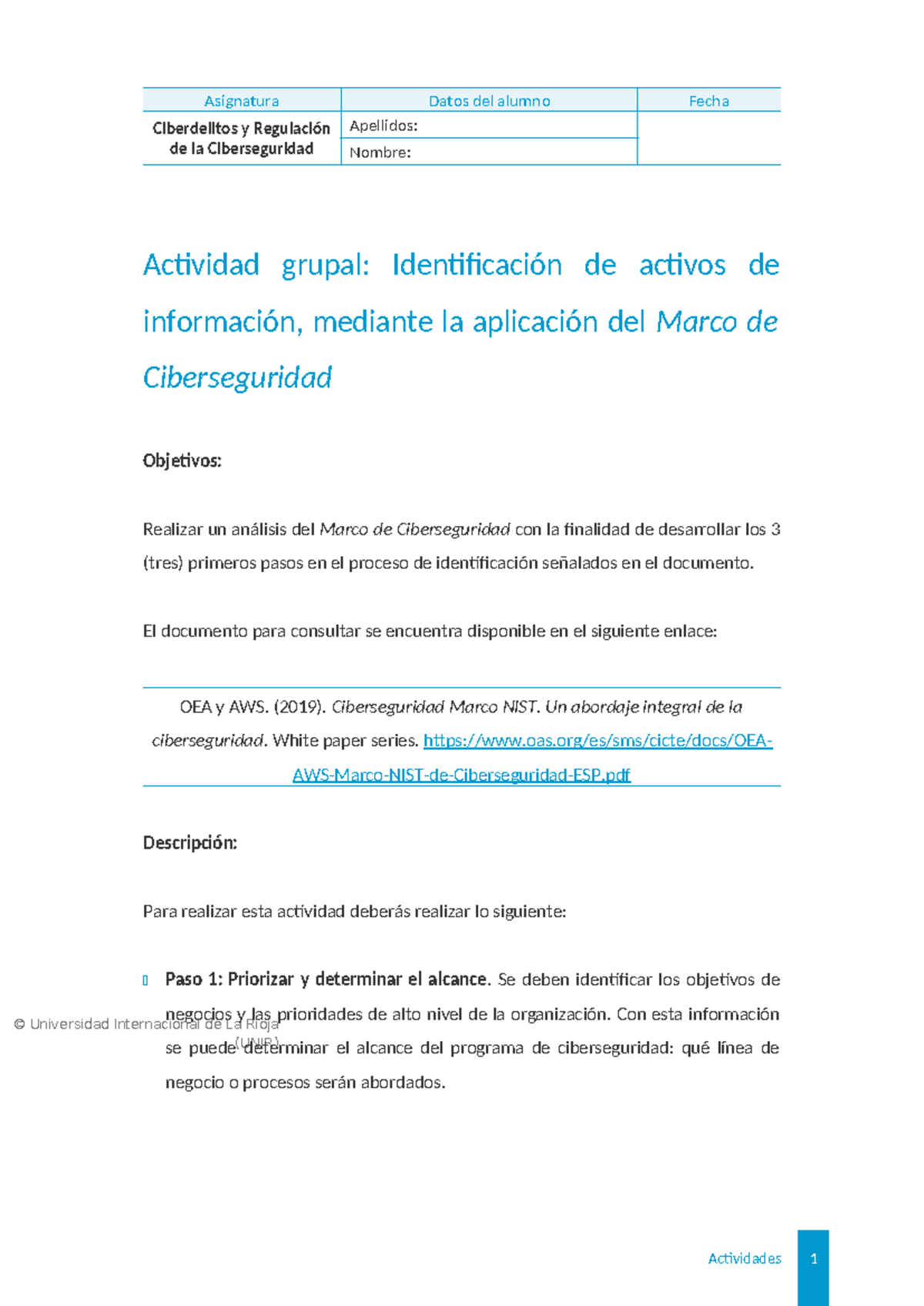 Actividad Marco DE Ciberseguridad - © Universidad Internacional de La Rioja (UNIR) Ciberdelitos ...