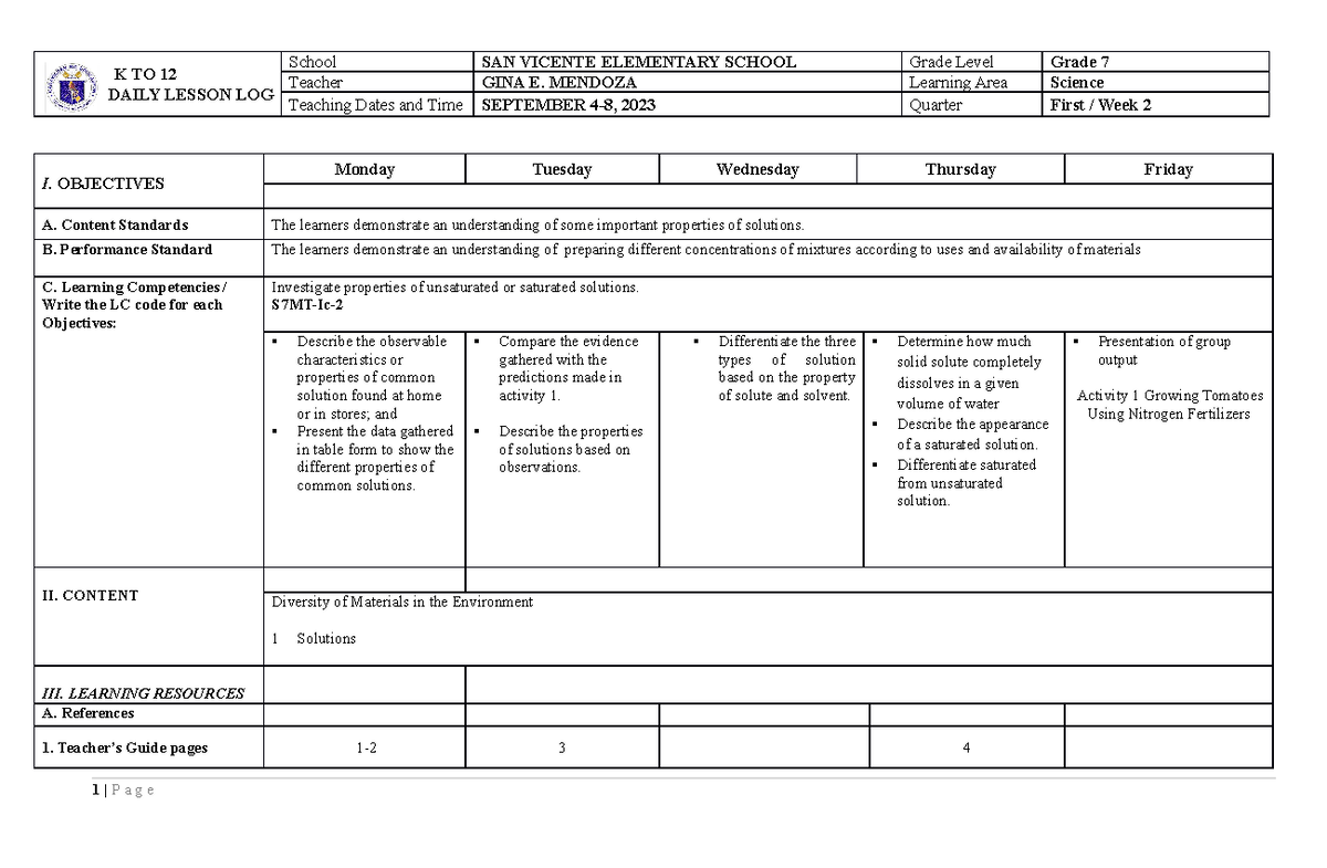 Science Dll Grade 7 Q1 Week 2 - K TO 12 DAILY LESSON LOG School SAN ...