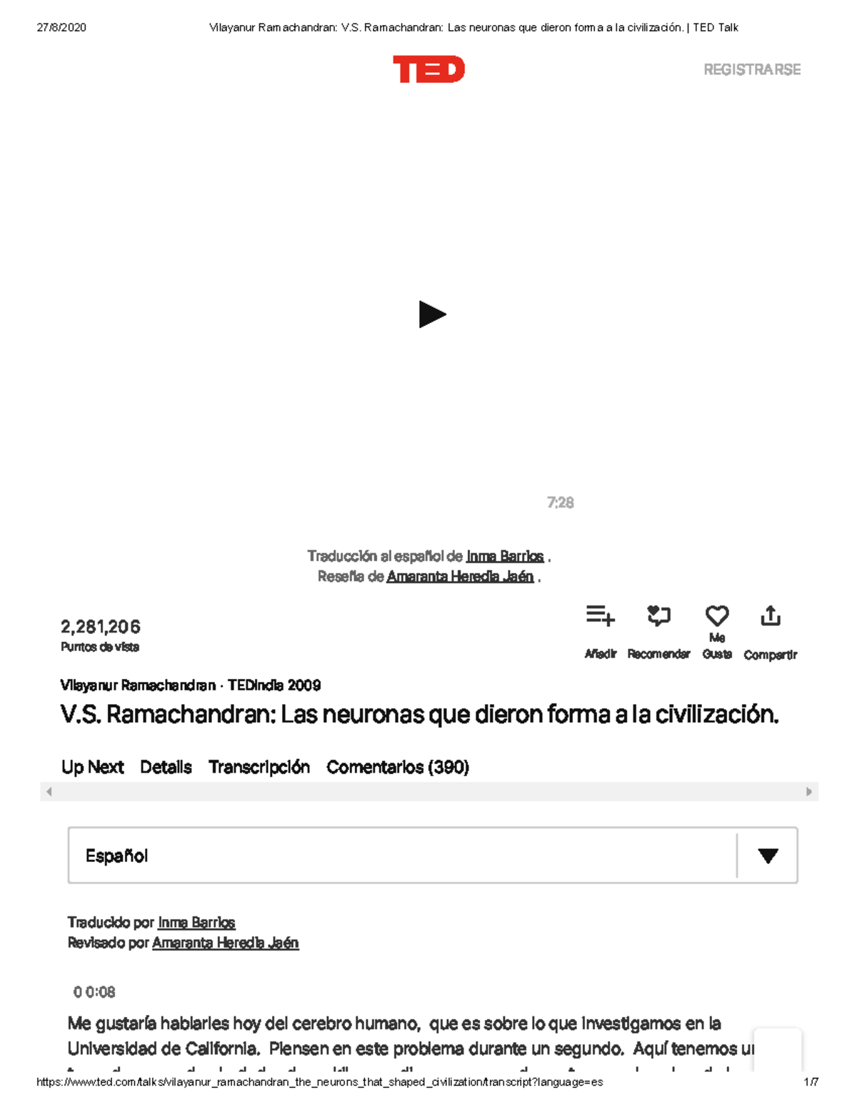 Vilayanur Ramachandran V.S. Ramachandran Las neuronas que dieron forma ...