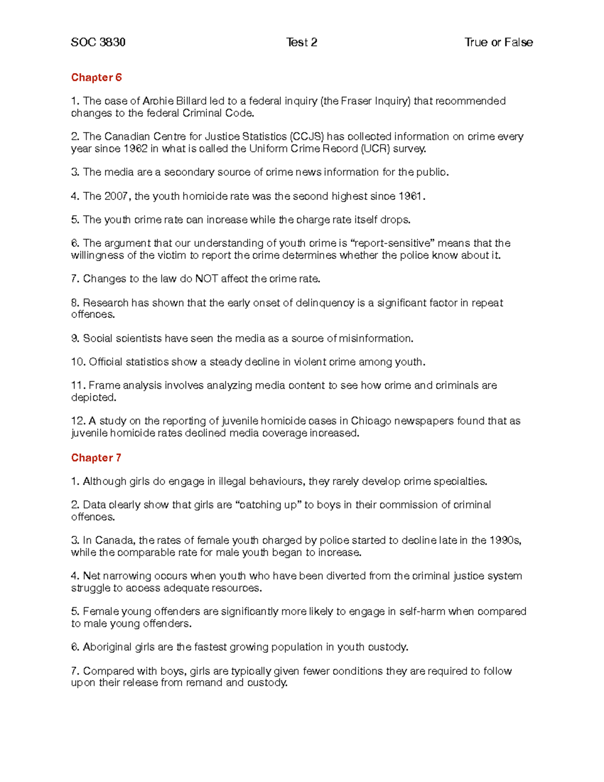 SOC 3830 (Test 2 TF Questions) - SOC 3830 Test 2 True or False Chapter ...
