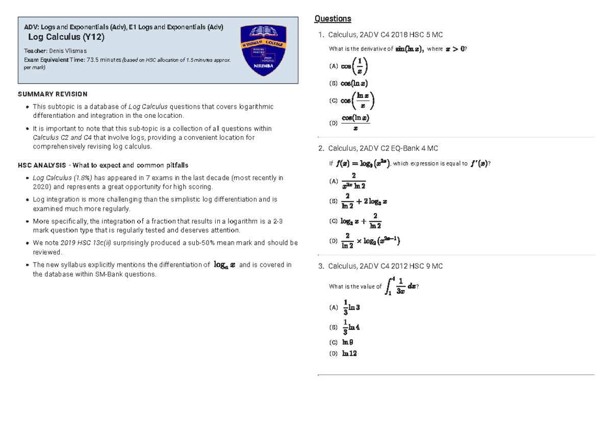 Log Calculus (Y12) - These are some practice questions that are highly ...