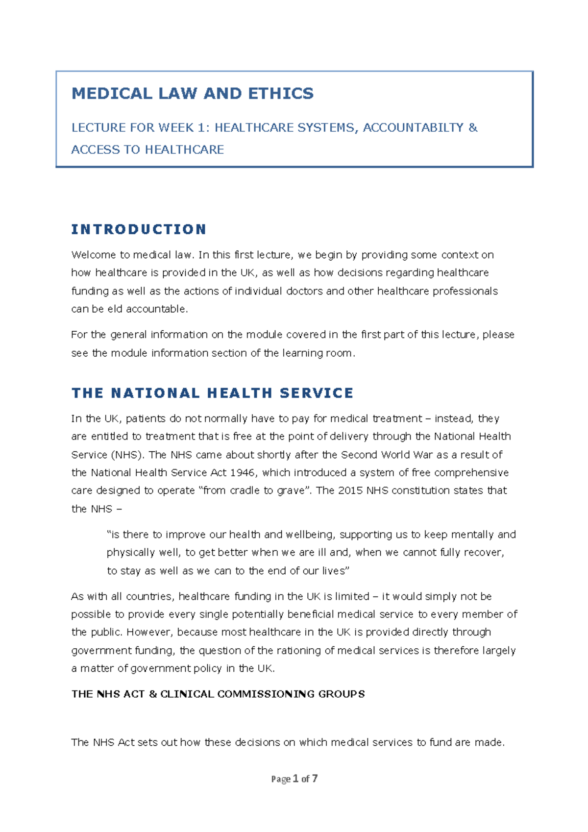 Handout for Lecture - MEDICAL LAW AND ETHICS LECTURE FOR WEEK 1 ...