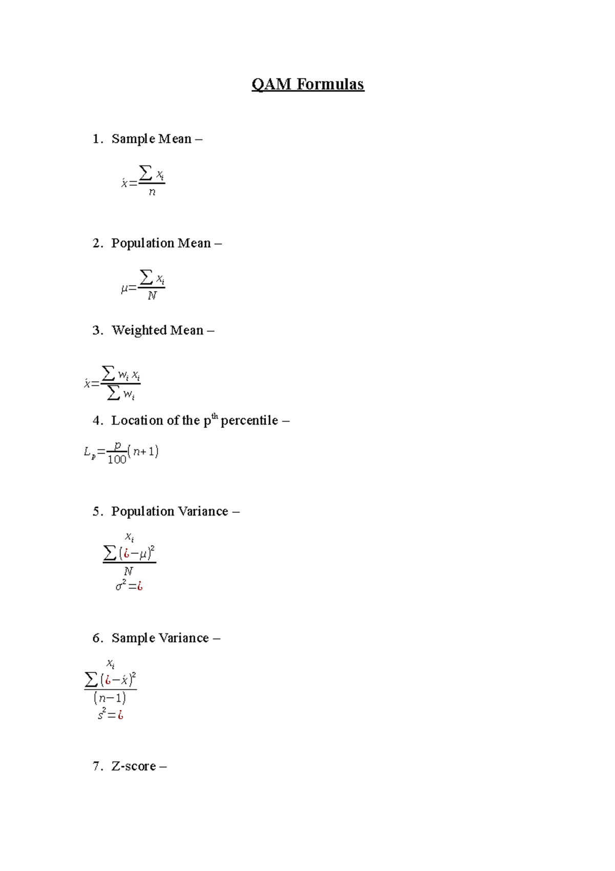 QAM Formulas - Lecture notes 10 - QAM Formulas Sample Mean – ́x= ∑xi n ...