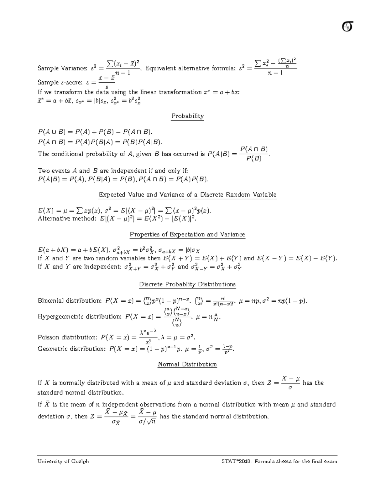 Formula(Cheat) Sheet - P 2 (P xi )2 P 2 xi n (x x ) i Sample Variance ...
