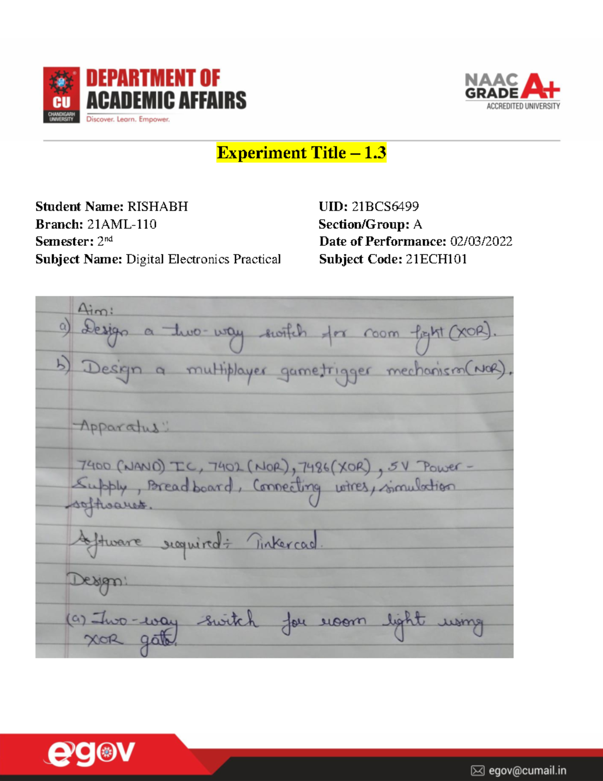 1.3 DE - Branch: 21AML-110 Section/Group: A Experiment Title – 1 ...