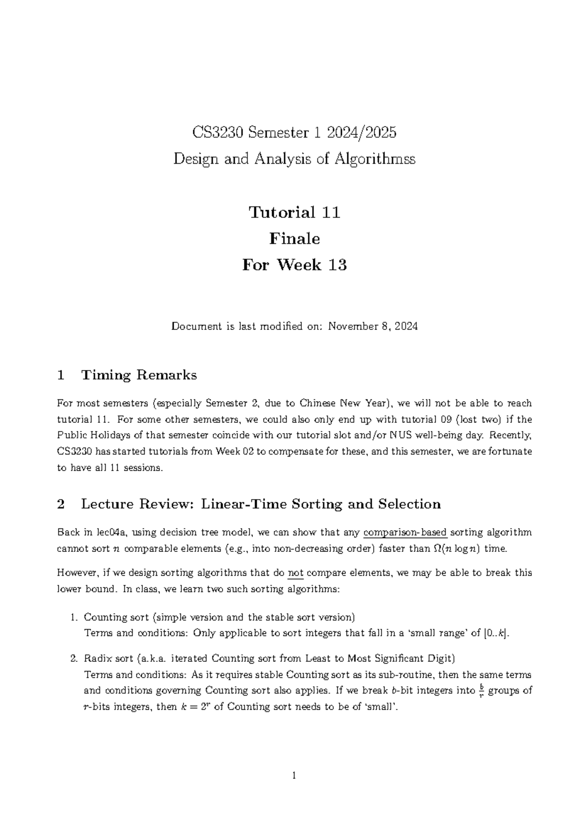 Tut11 - practice - CS3230 Semester 1 2024/ Design and Analysis of Algorithmss Tutorial 11 Finale ...