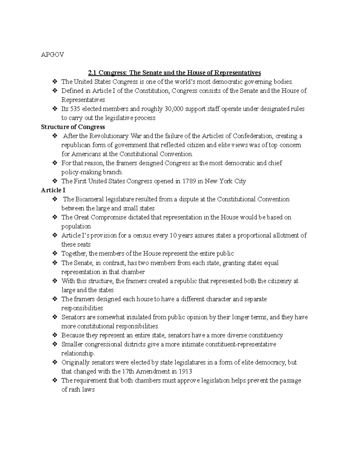 2.1 Lecture Notes - APGOV 2 Congress: The Senate and the House of ...