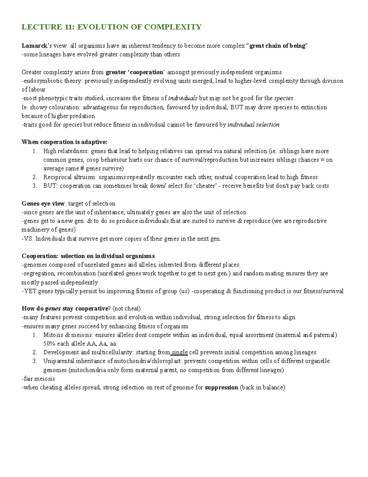 BIO120 Lecture 11 - LECTURE 11: EVOLUTION OF COMPLEXITY Lamarck’s view ...