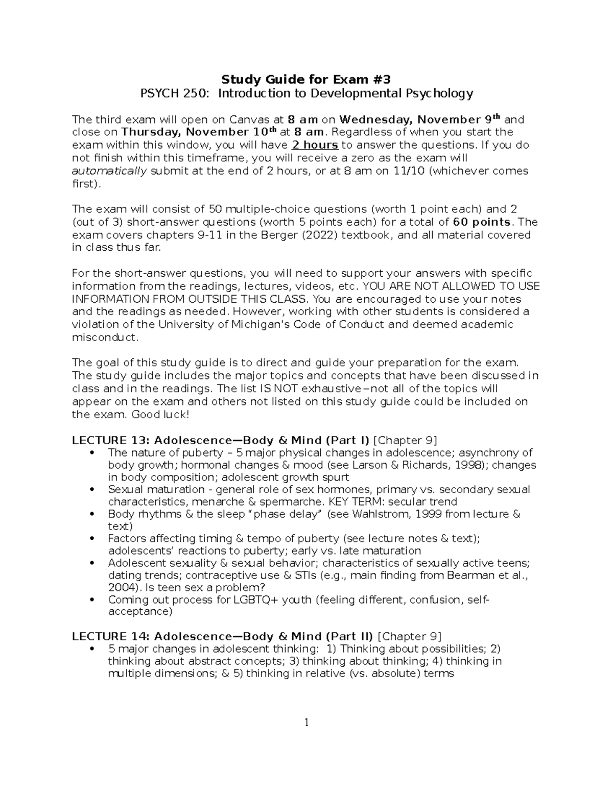 Study Guide #3 - Study Guide for Exam PSYCH 250: Introduction to ...