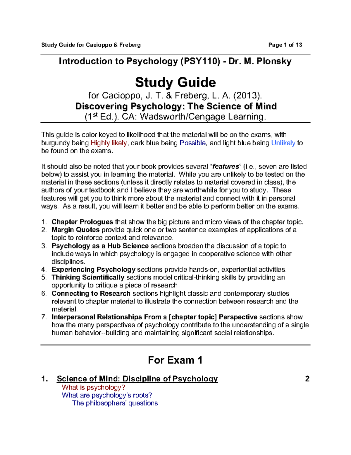 Psych study guide - what to focus in the textbook :-) - Introduction to ...