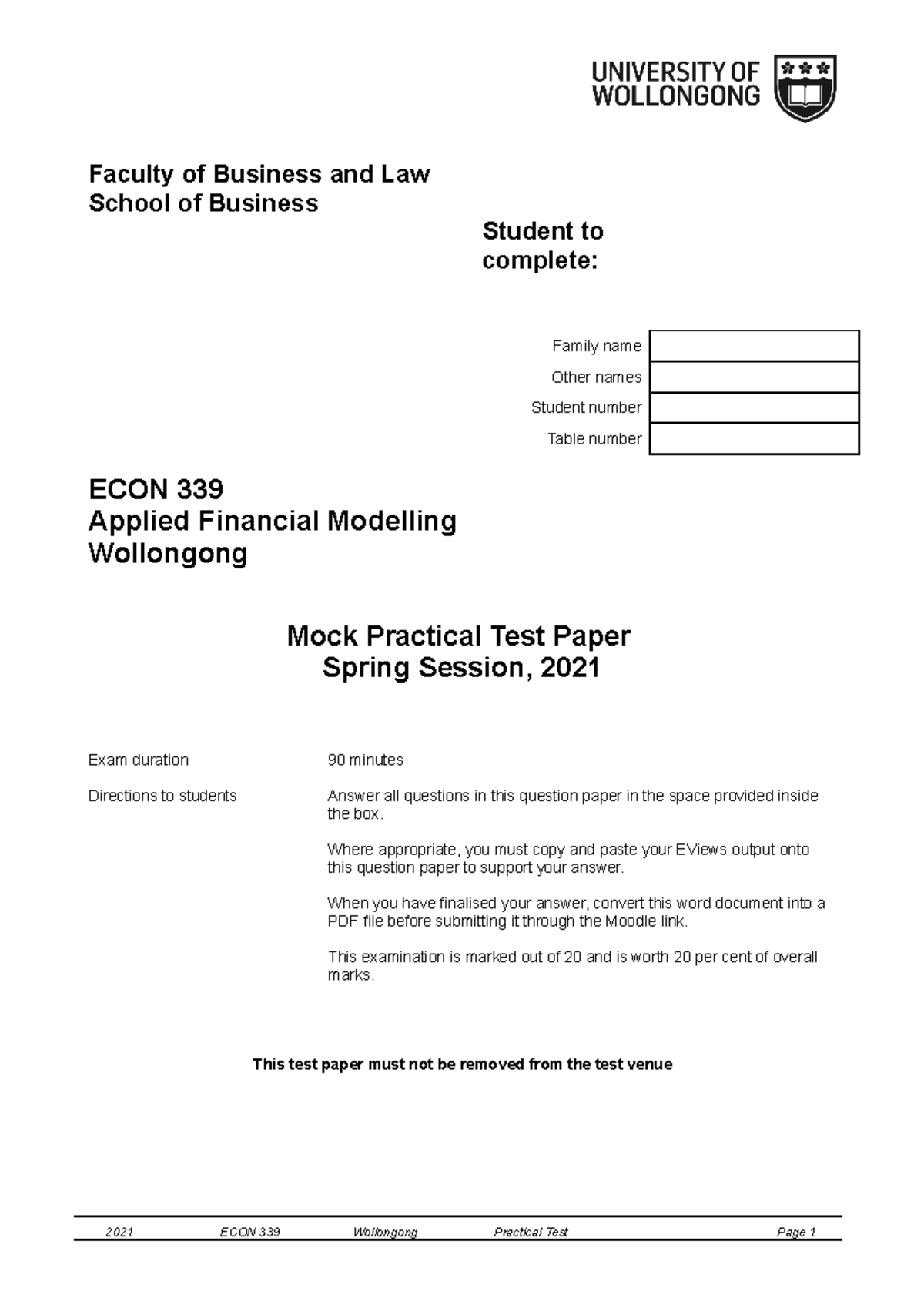 ECON339 Practical Test 2021 Mock test - Faculty of Business and Law ...