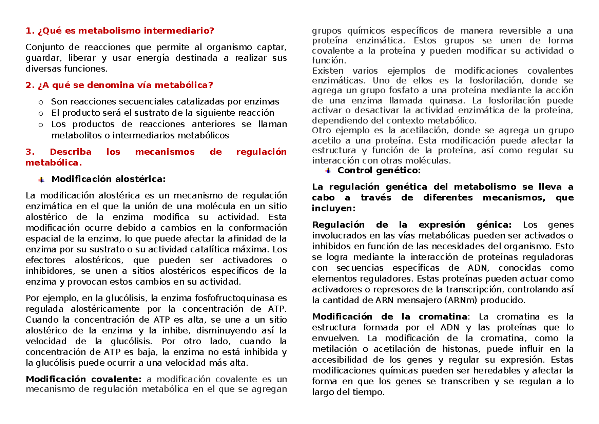 Cuestionario Bioca Carbohidratos 1 - ¿Qué es metabolismo intermediario ...