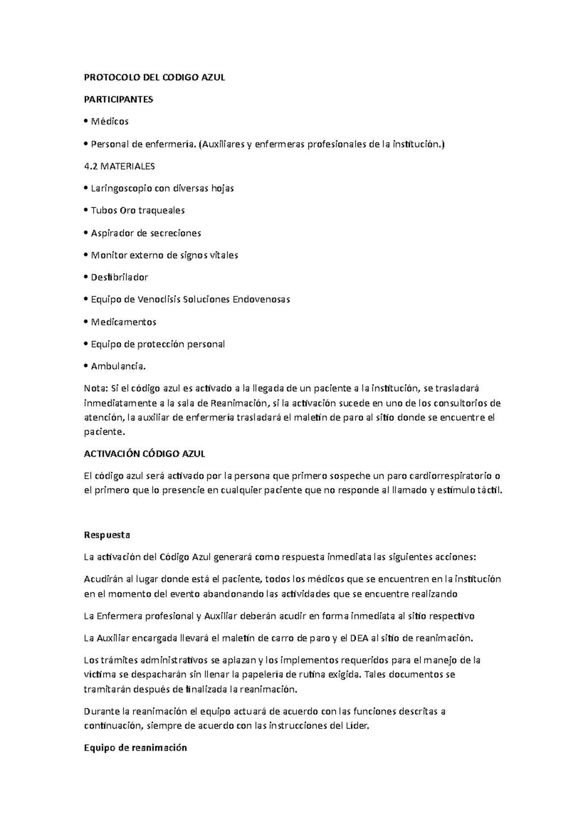 Protocolo DEL Codigo AZUL - PROTOCOLO DEL CODIGO AZUL PARTICIPANTES ...