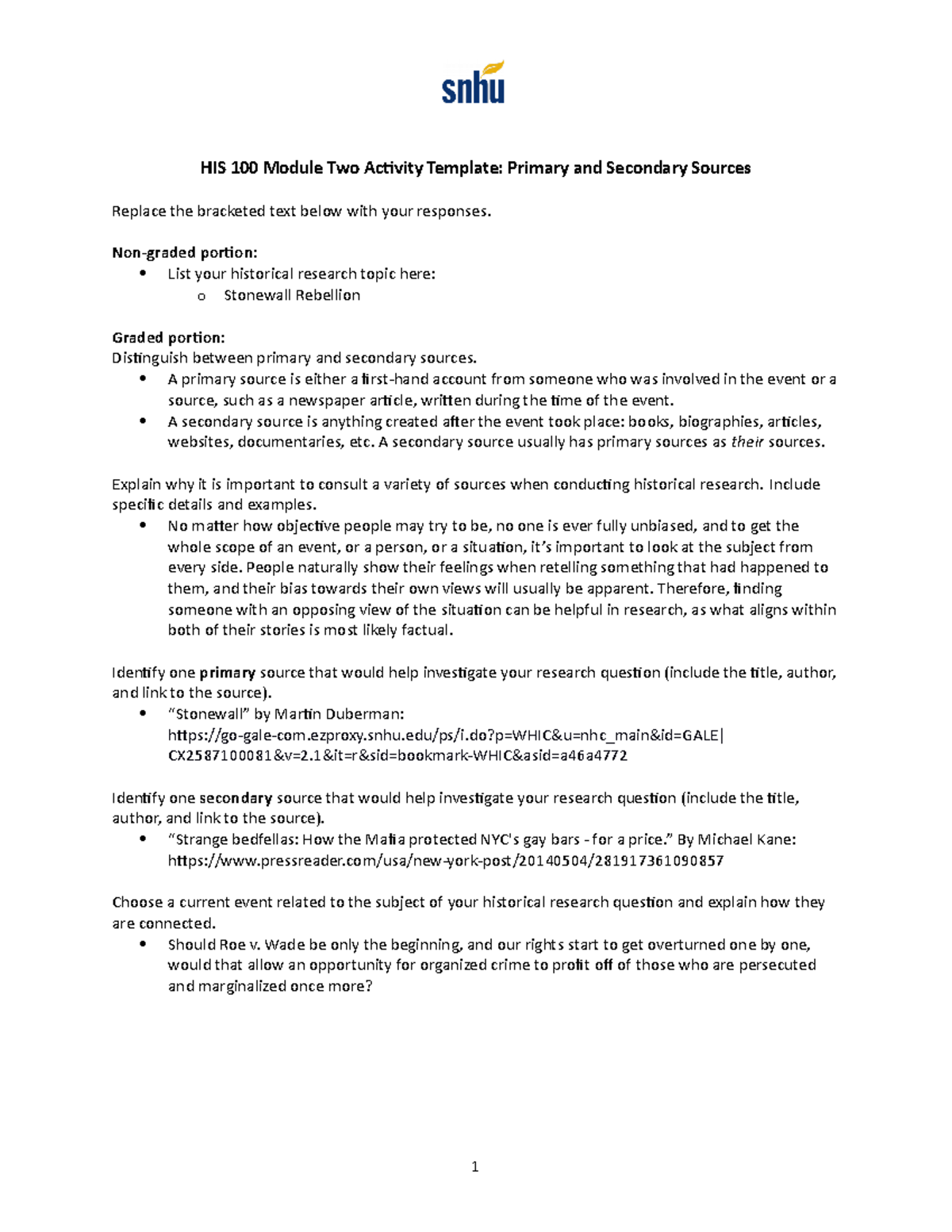 HIS 100 Module Two Activity Sources Template - HIS 100 Module Two Activity Template: Primary and ...