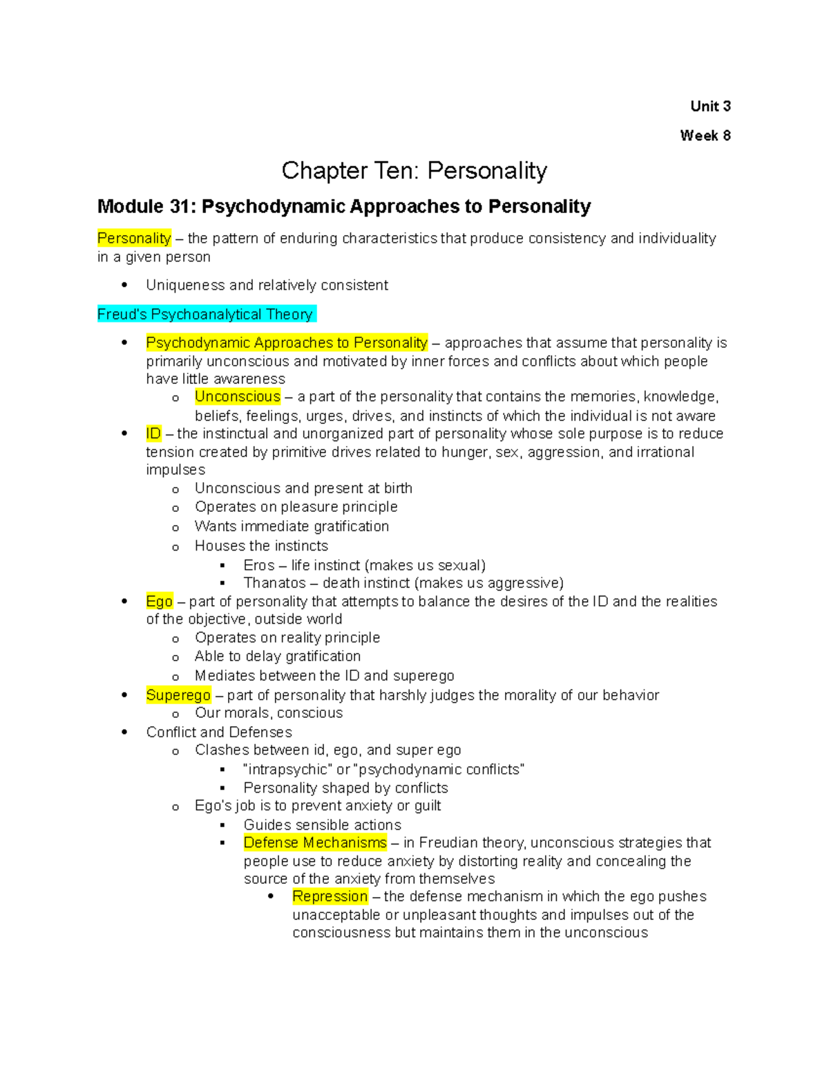 Chapter 10 Notes - Personality - Unit 3 Week 8 Chapter Ten: Personality ...