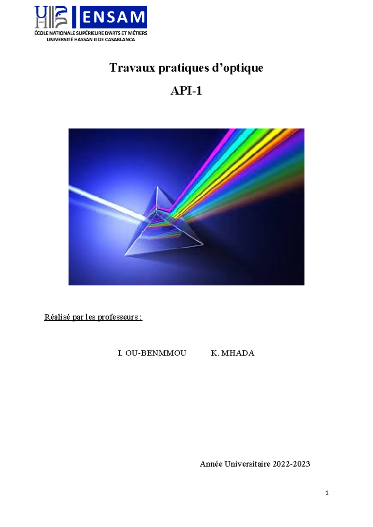 Polycopié TP optique Ensam API1 - ####### Travaux pratiques d’optique ####### API- Réalisé par ...