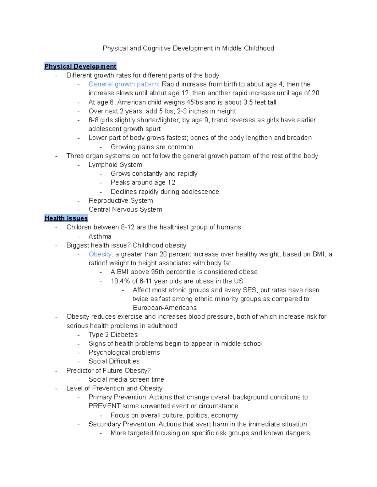 Ch 9 Dev. Psych - Chapter 9 Notes - Physical and Cognitive Development ...