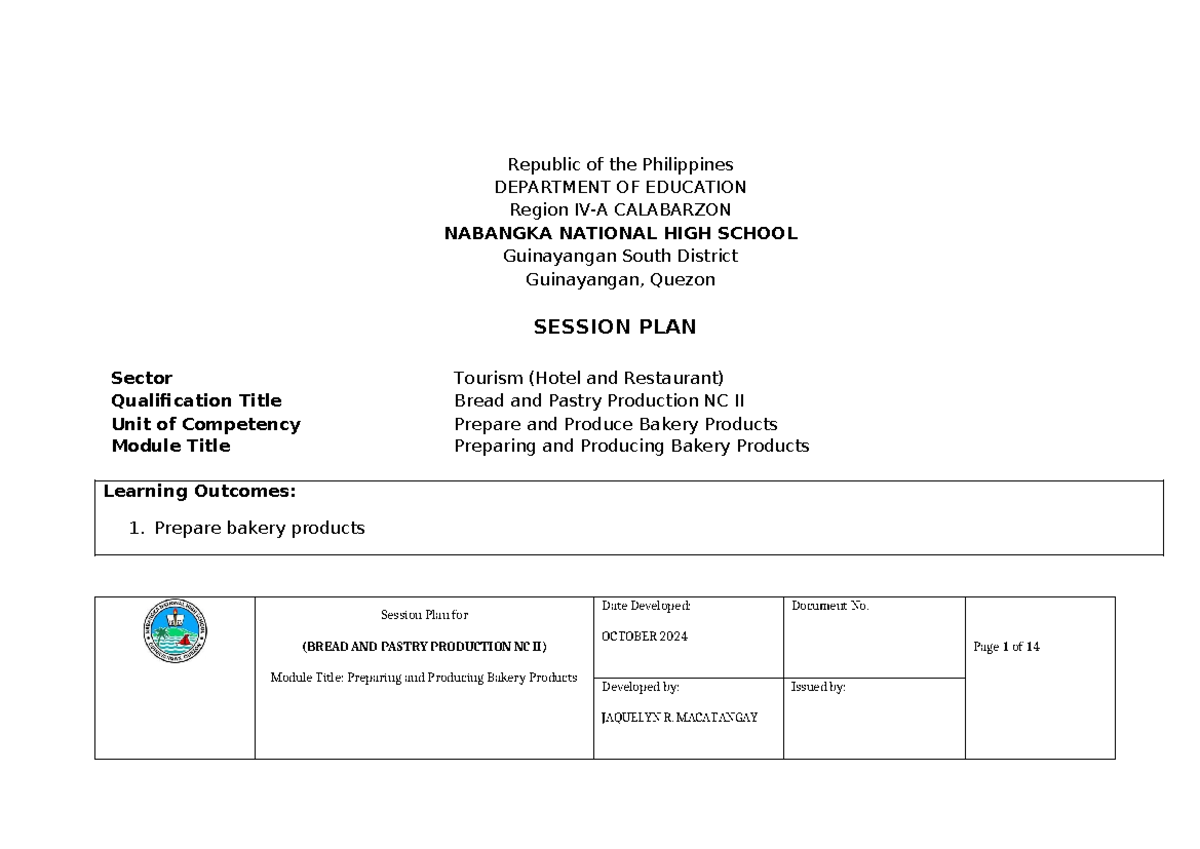 Sample Session Plan BPP - Republic of the Philippines DEPARTMENT OF EDUCATION Region IV-A ...