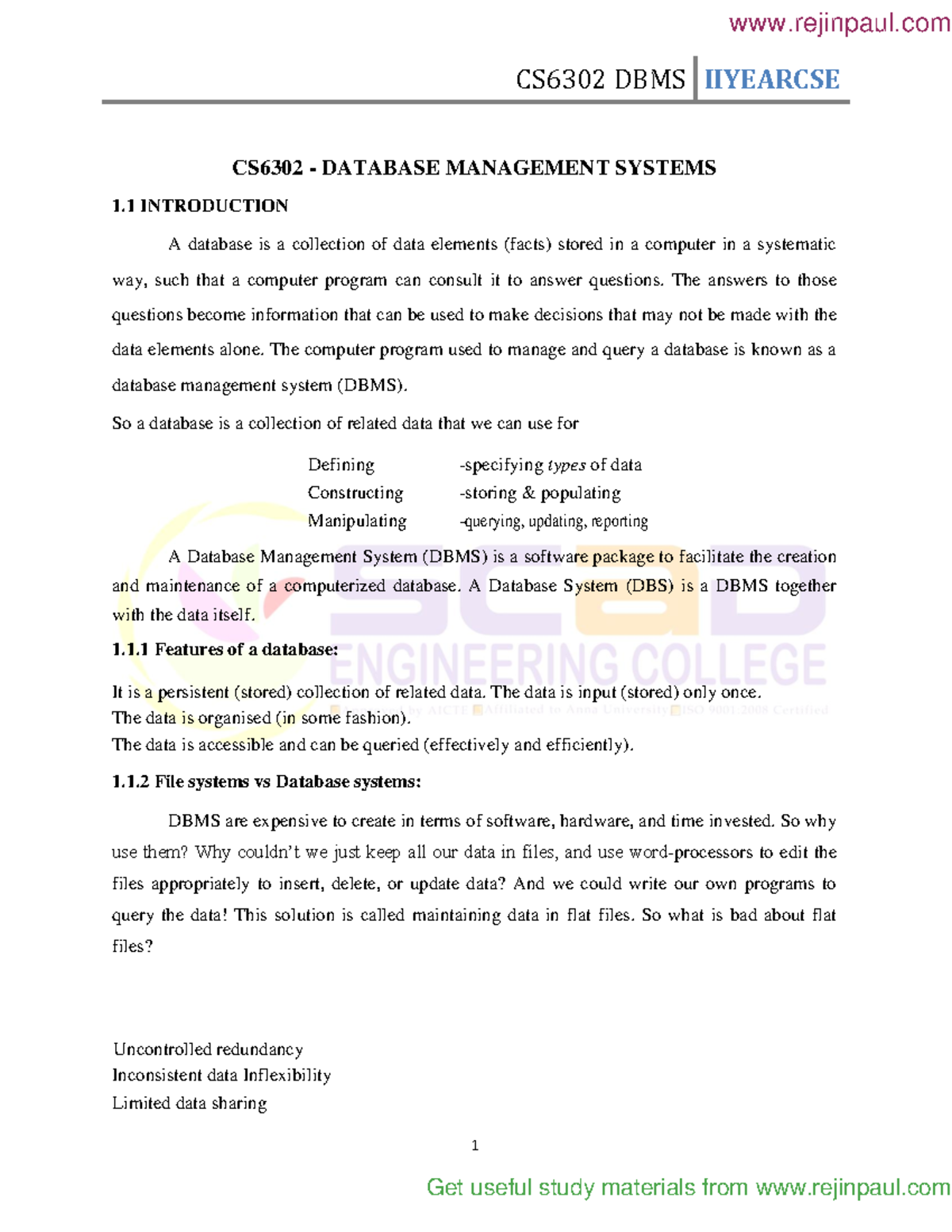Databse Management System Dbms Notes Pdf Cs6302 Dbms Iiyearcse 1 Cs6302 Database Management 8983