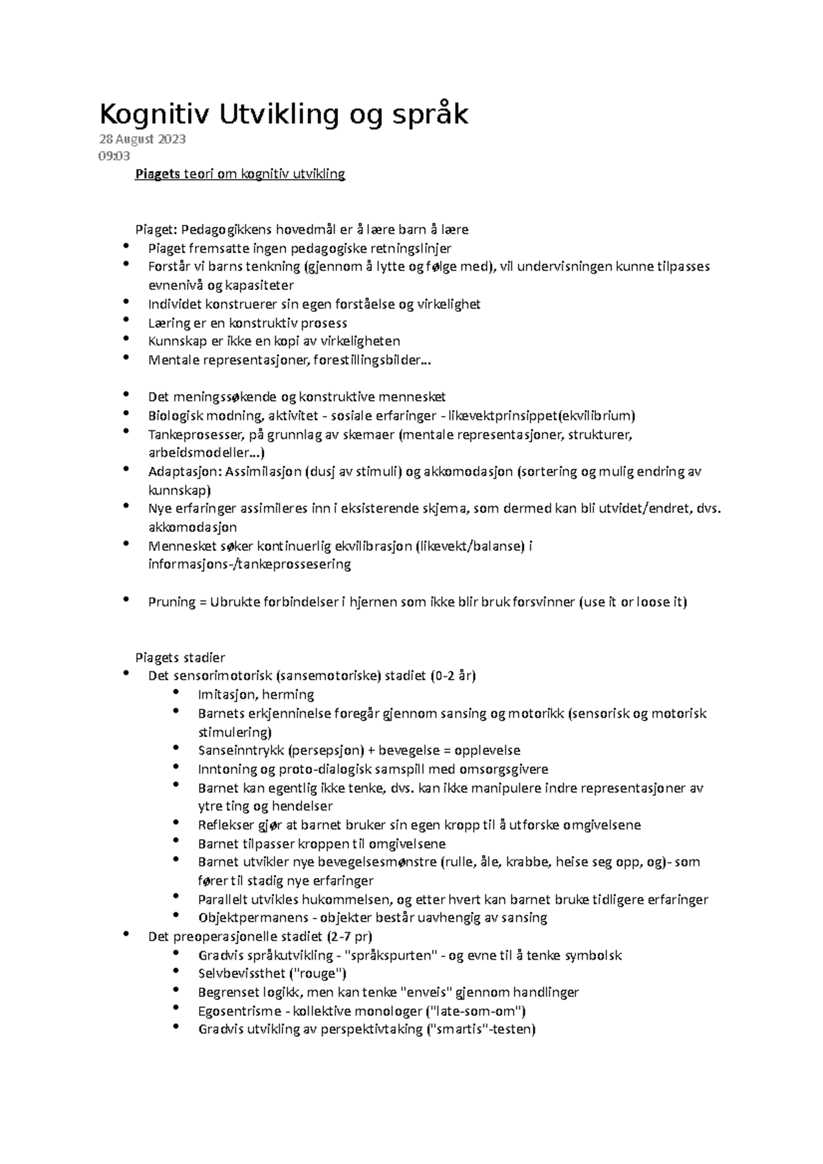 Kognitiv utvikling og språk - Kognitiv Utvikling og språk 28 August ...