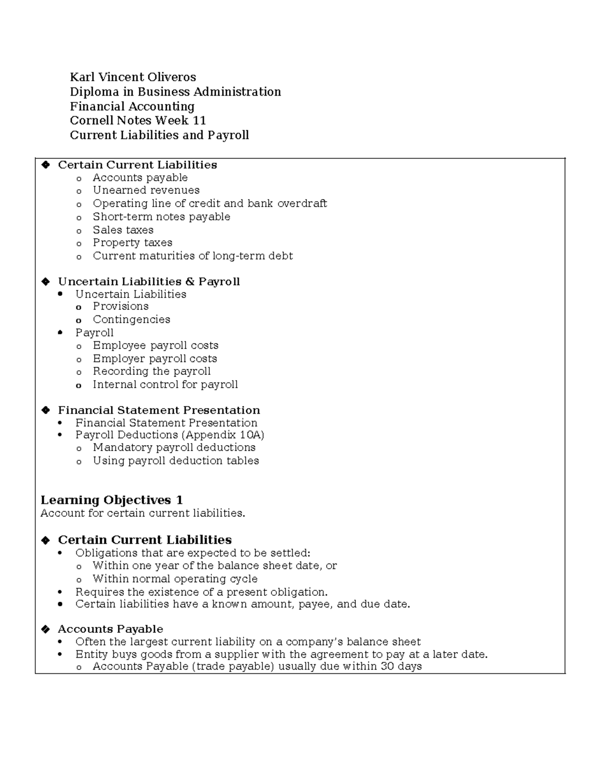 Cornell Notes #10 (Current Liabilities and Payroll) - Karl Vincent ...