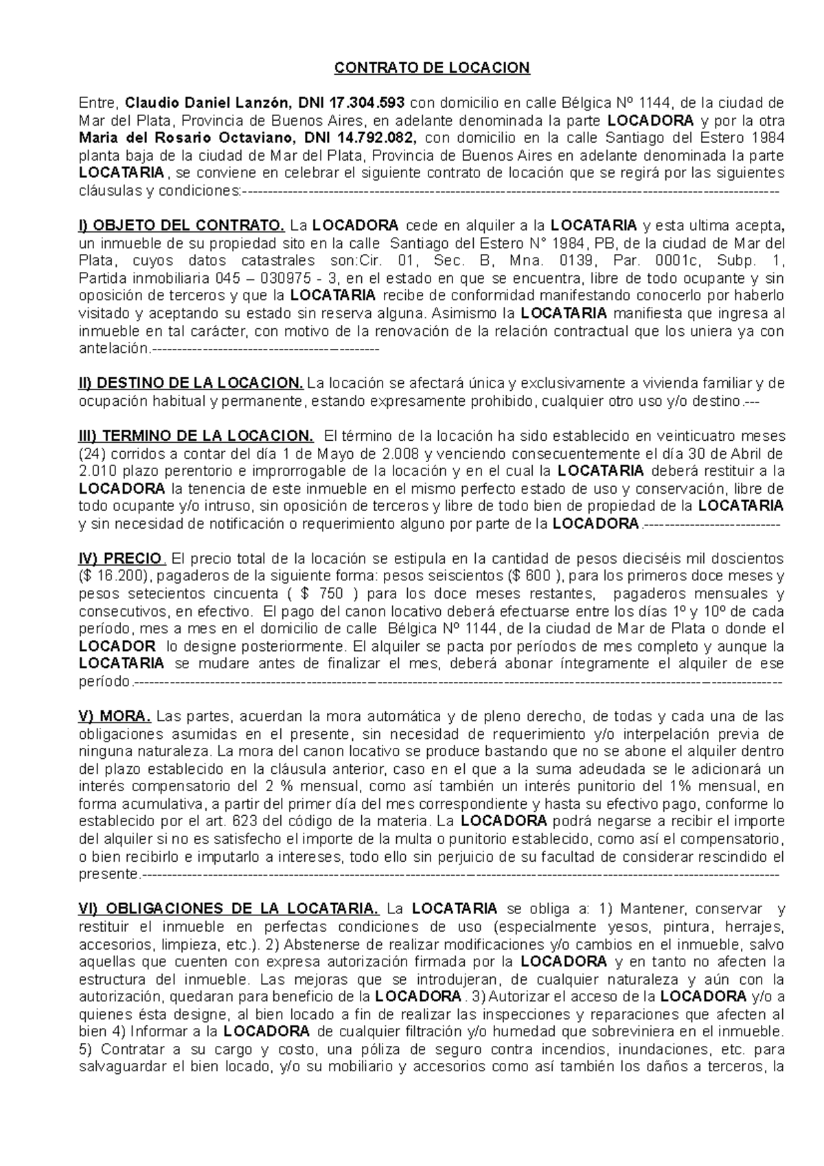 Lanzoni - no - CONTRATO DE LOCACION Entre, Claudio Daniel Lanzón, DNI ...