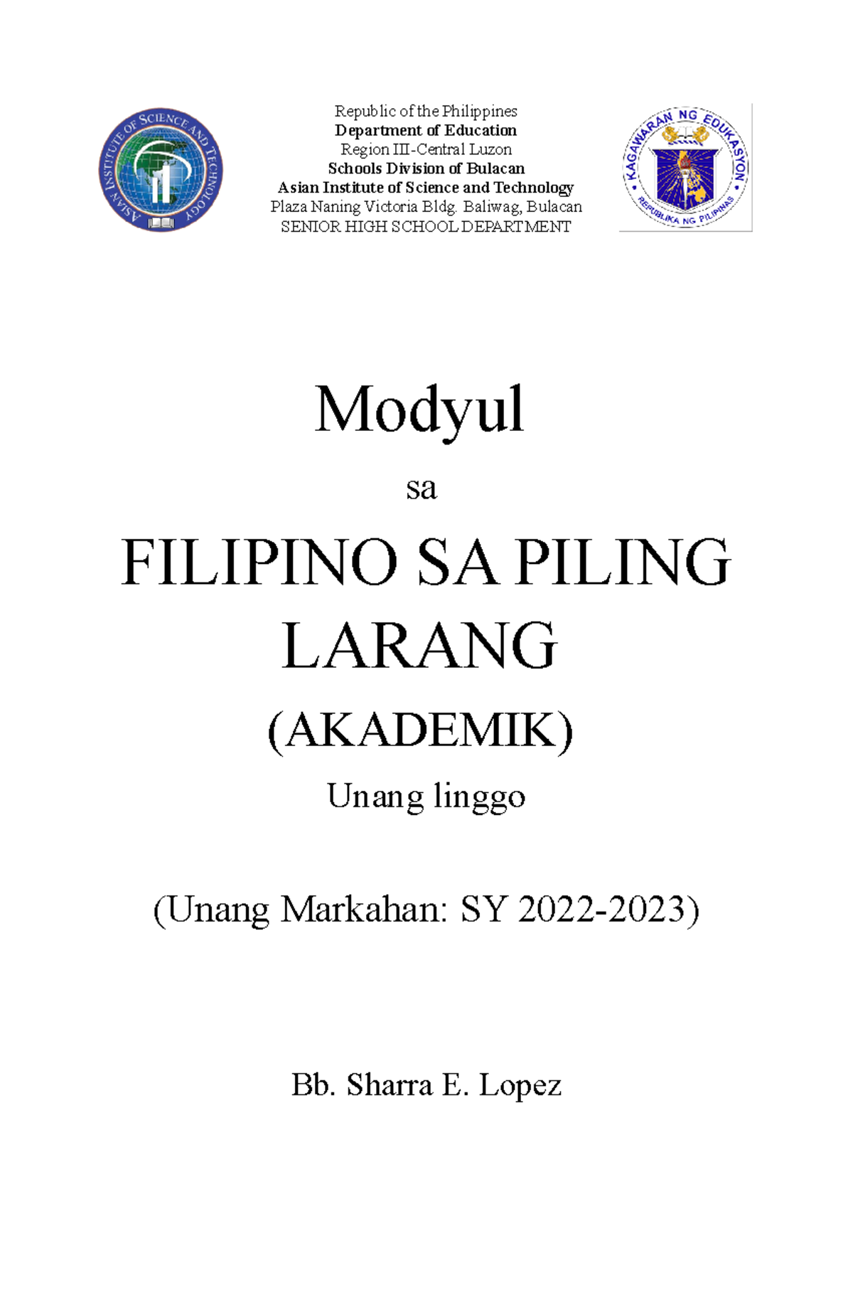 Piling Larang week 1 - Republic of the Philippines Department of ...