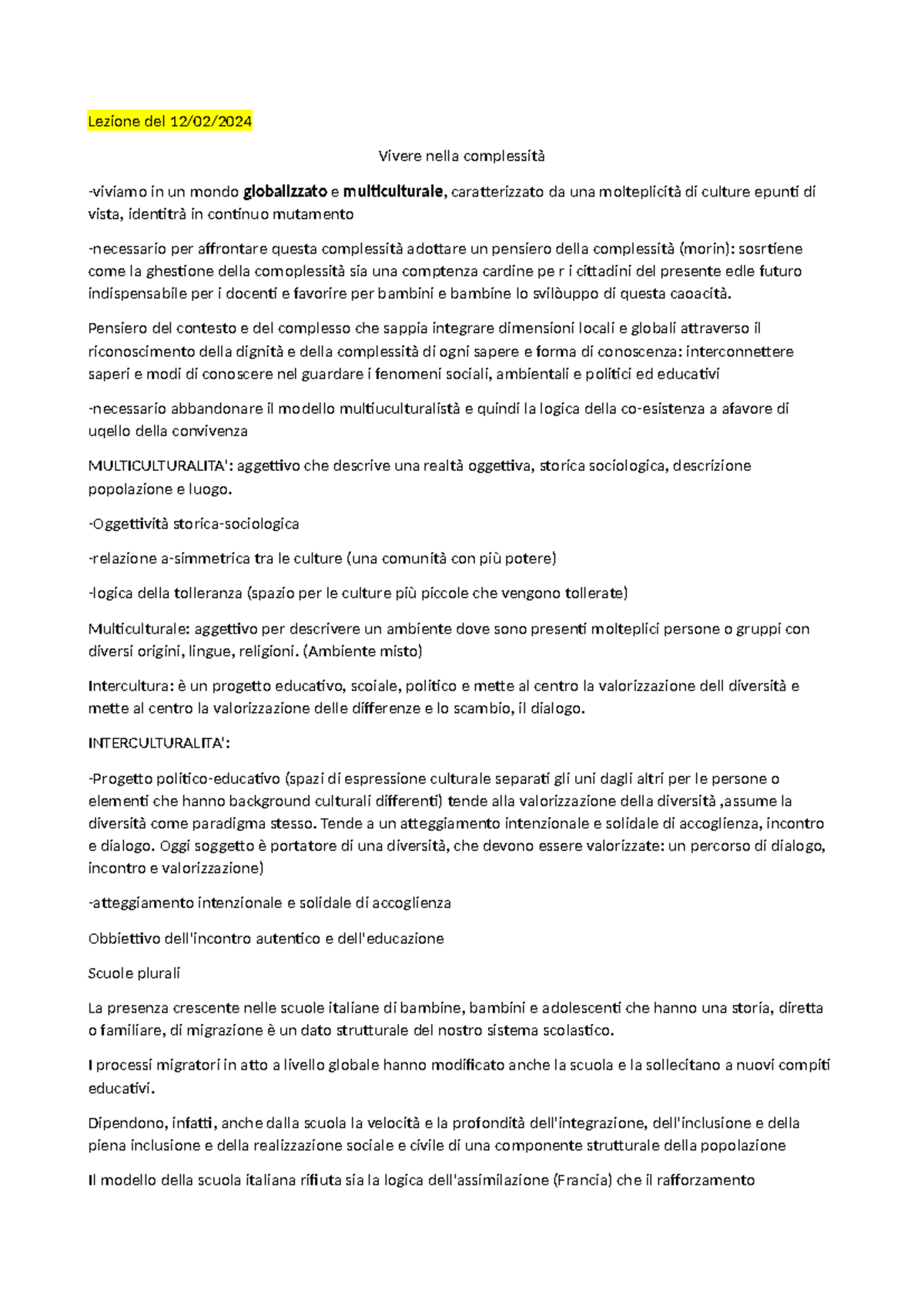 Appunti- Pedagogia Interculturale - Lezione del 12/02/ Vivere nella ...