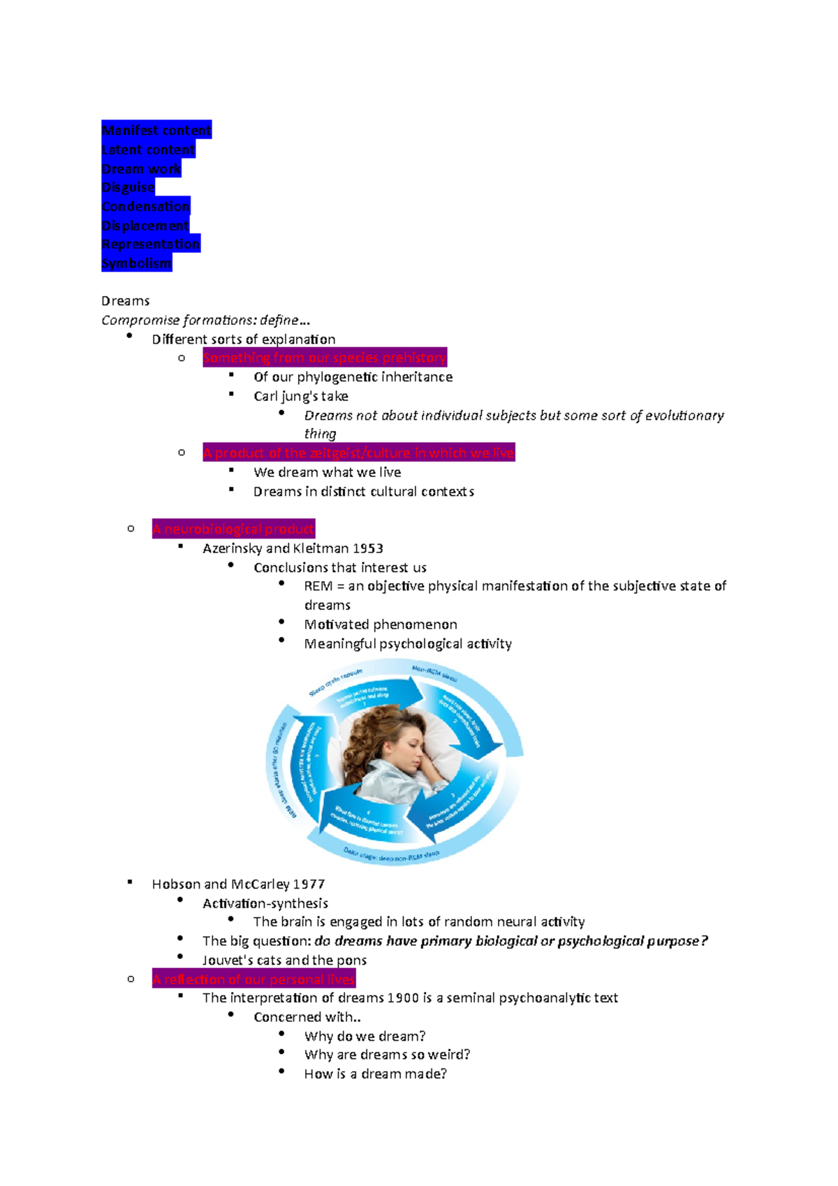 Dreams - Lecture notes 1-5 - Manifest content Latent content Dream work ...