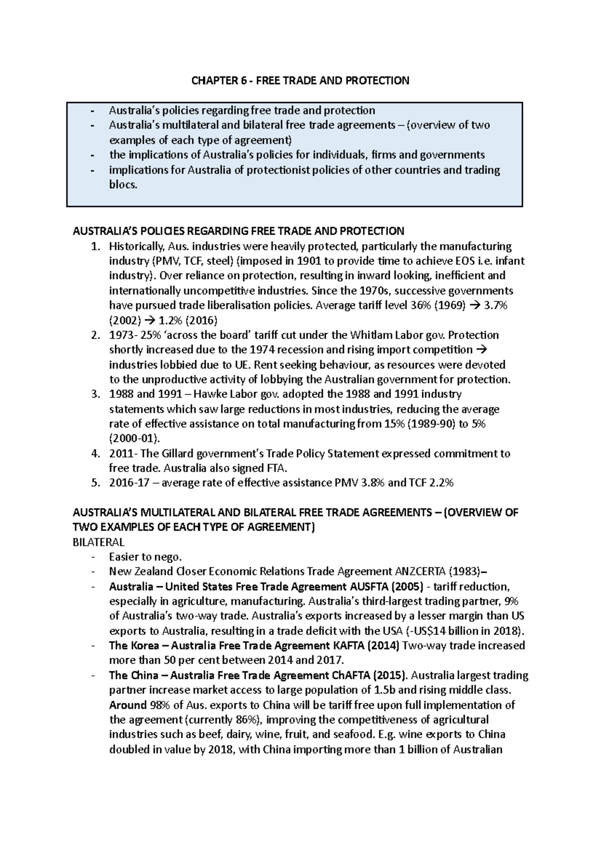 ECON1102 Notes - CH6 Free Trade, Protection - CHAPTER 6 - FREE TRADE ...