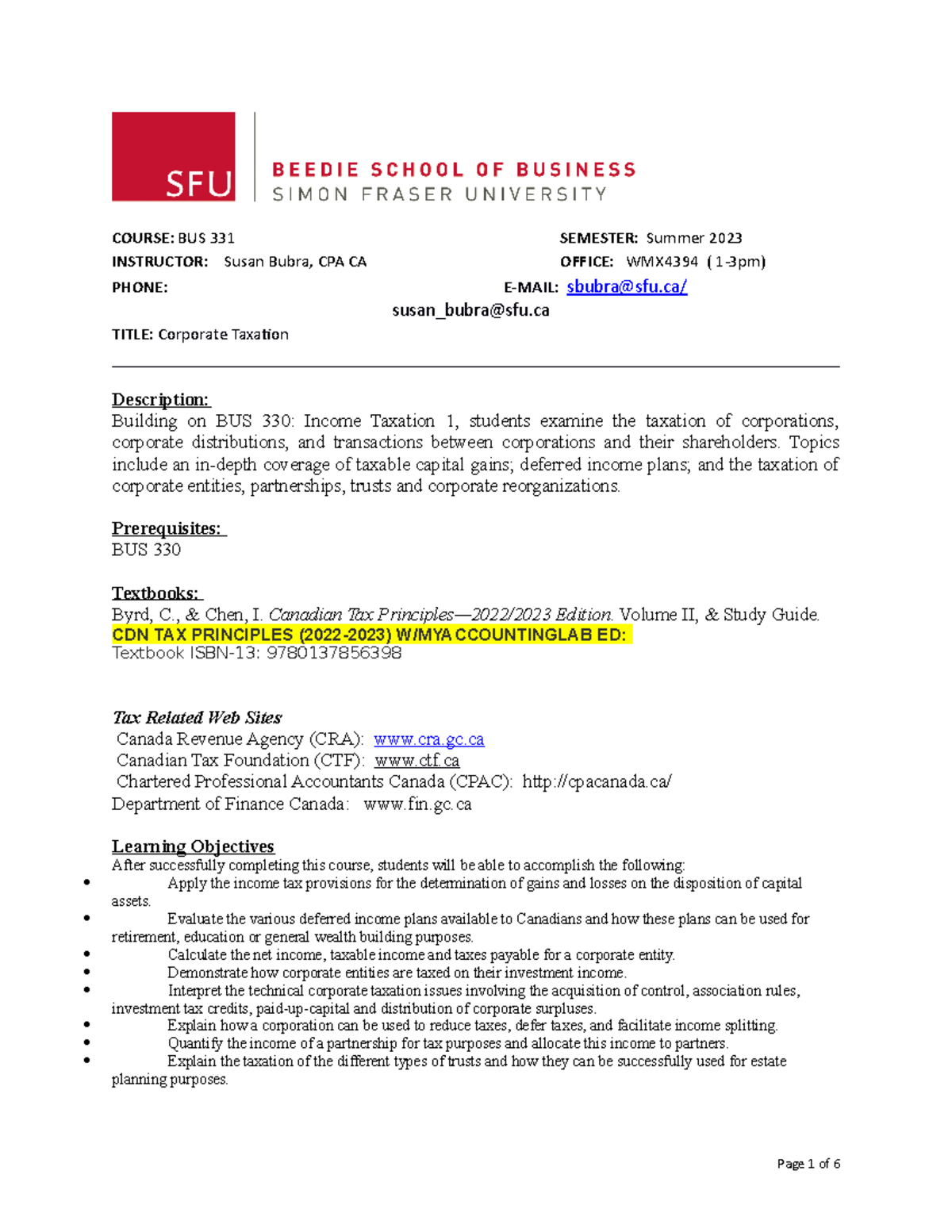 Bus331 outline Summer 2023 - COURSE: BUS 331 SEMESTER: Summer 2023 ...