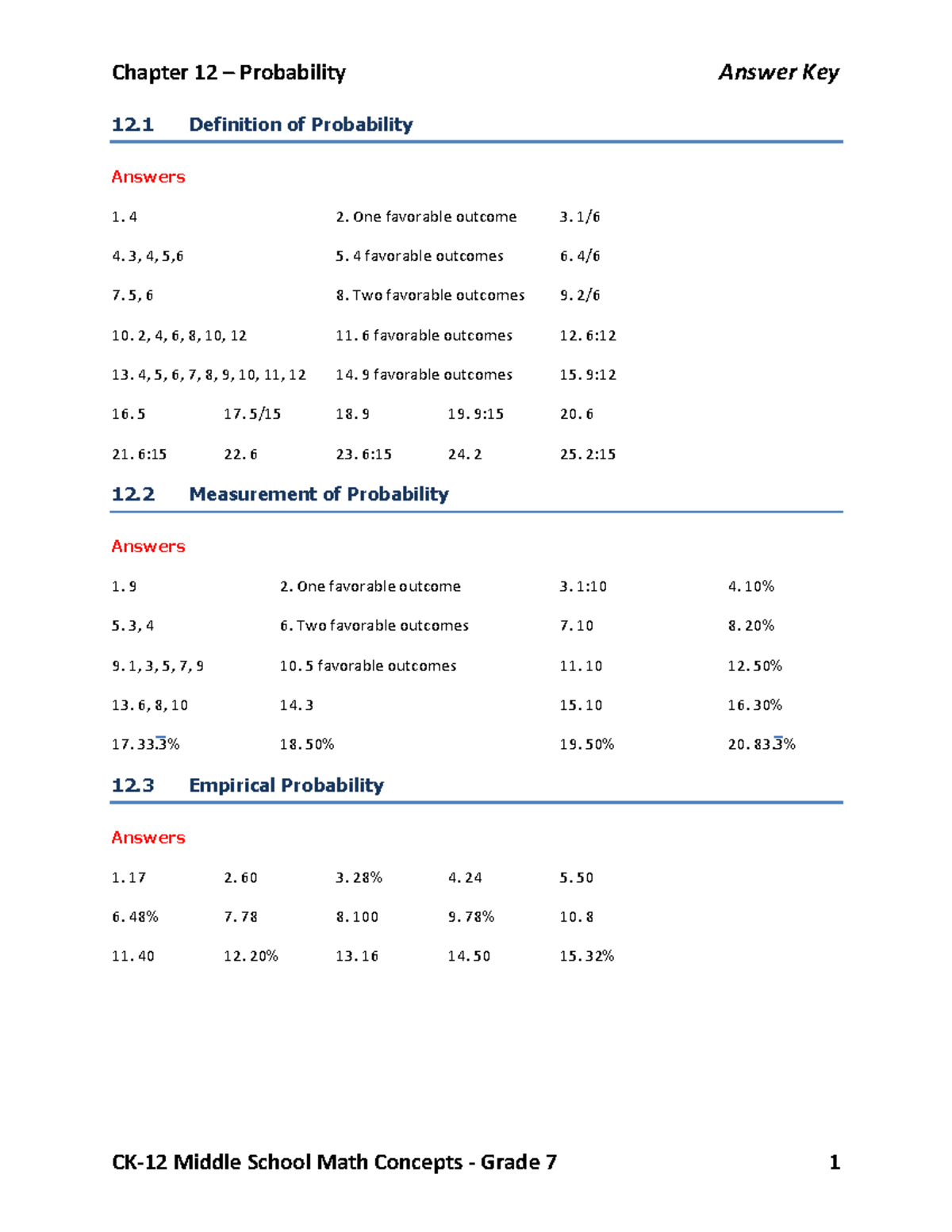 Answer Key CK-12 Chapter 12 Middle School Math Concepts - Grade 7 (revised) - 12 Definition of ...
