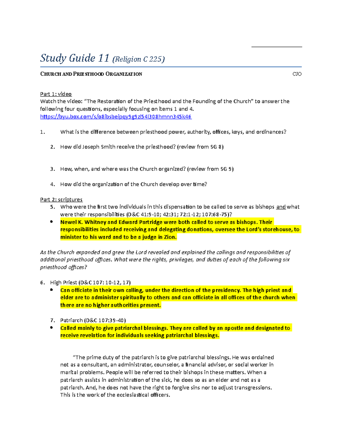 CHURCH AND PRIESTHOOD ORGANIZATION - Study Guide 11 (Religion C 225 ...
