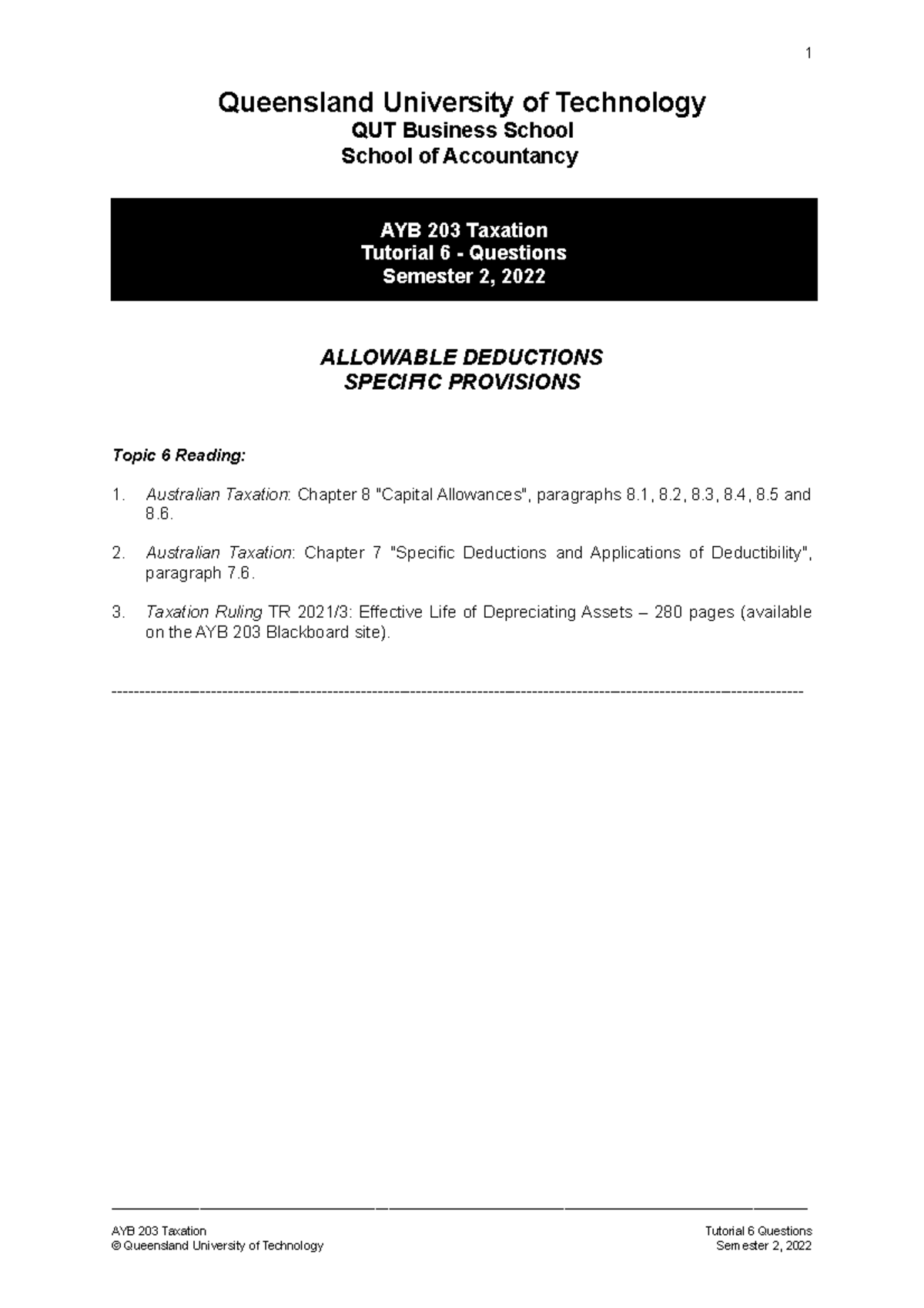Tutorial 6 - Dont loook at these - Queensland University of Technology ...