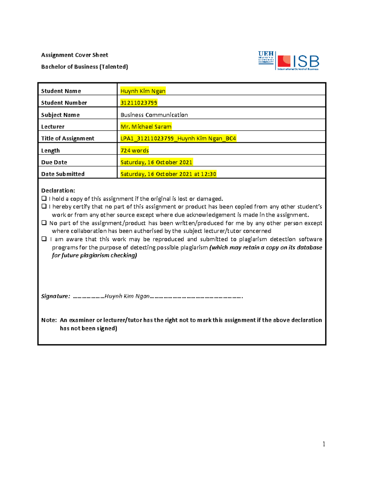 LPA1 31211023799 Huynh Kim Ngan BC4 - 1 Assignment Cover Sheet Bachelor ...