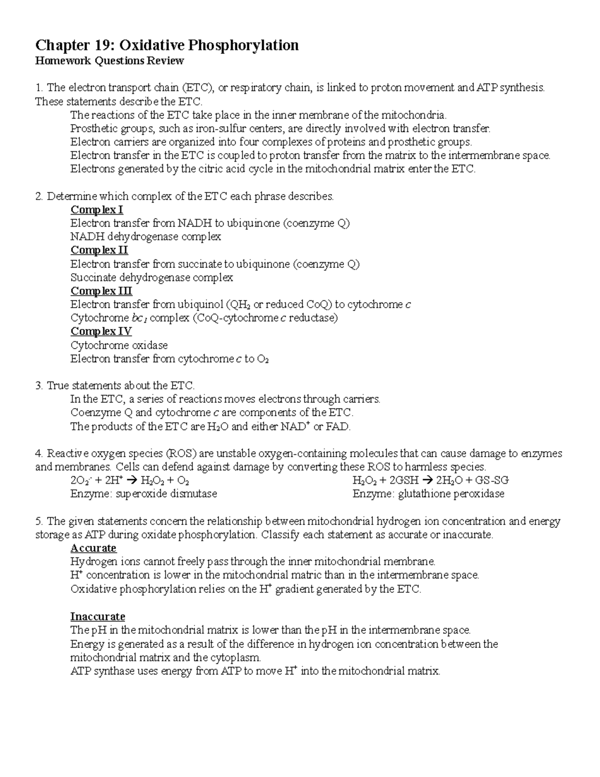 Chapter 19 Homework Questions - Chapter 19: Oxidative Phosphorylation ...