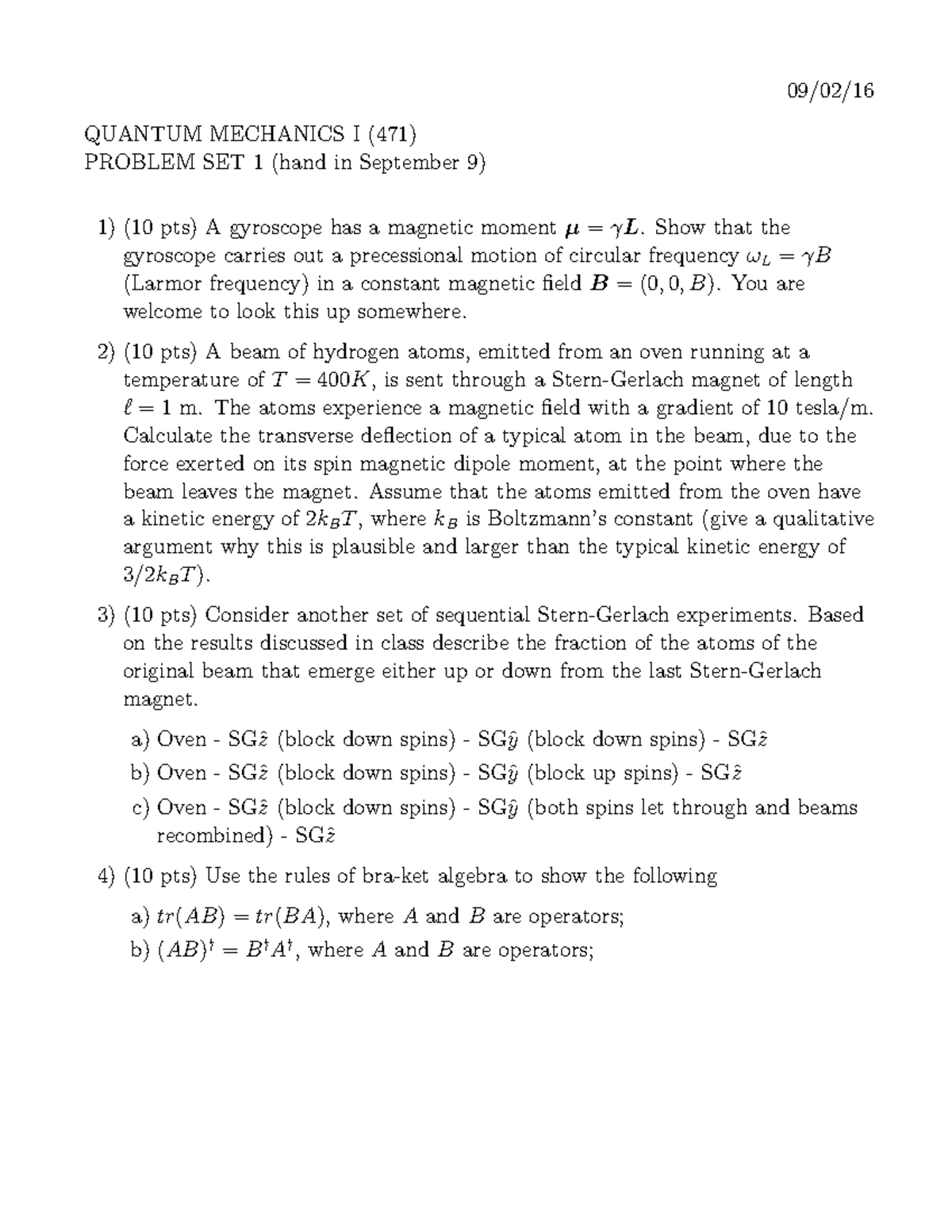 PHYS471 Problem Set 1 - QUANTUM MECHANICS I (471) PROBLEM SET 1 (hand ...