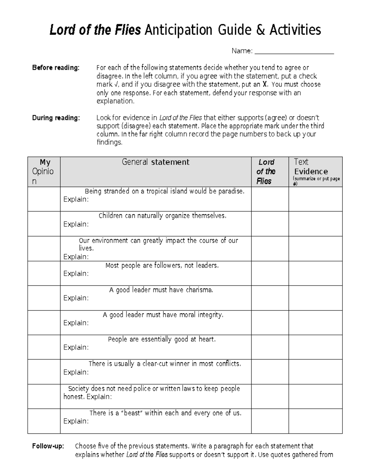 Tadhg Kircher - lord of flies anticipation guide - Lord of the Flies ...