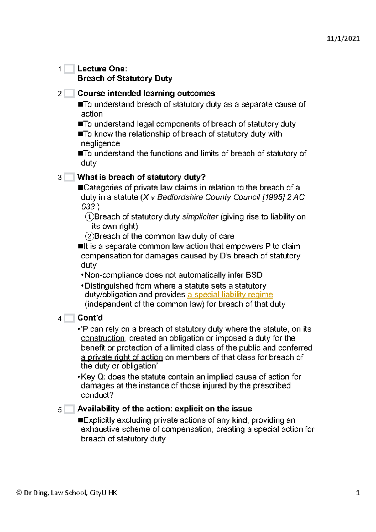 Breach of Statutory Duty - Lecture One: Breach of Statutory Duty Course ...