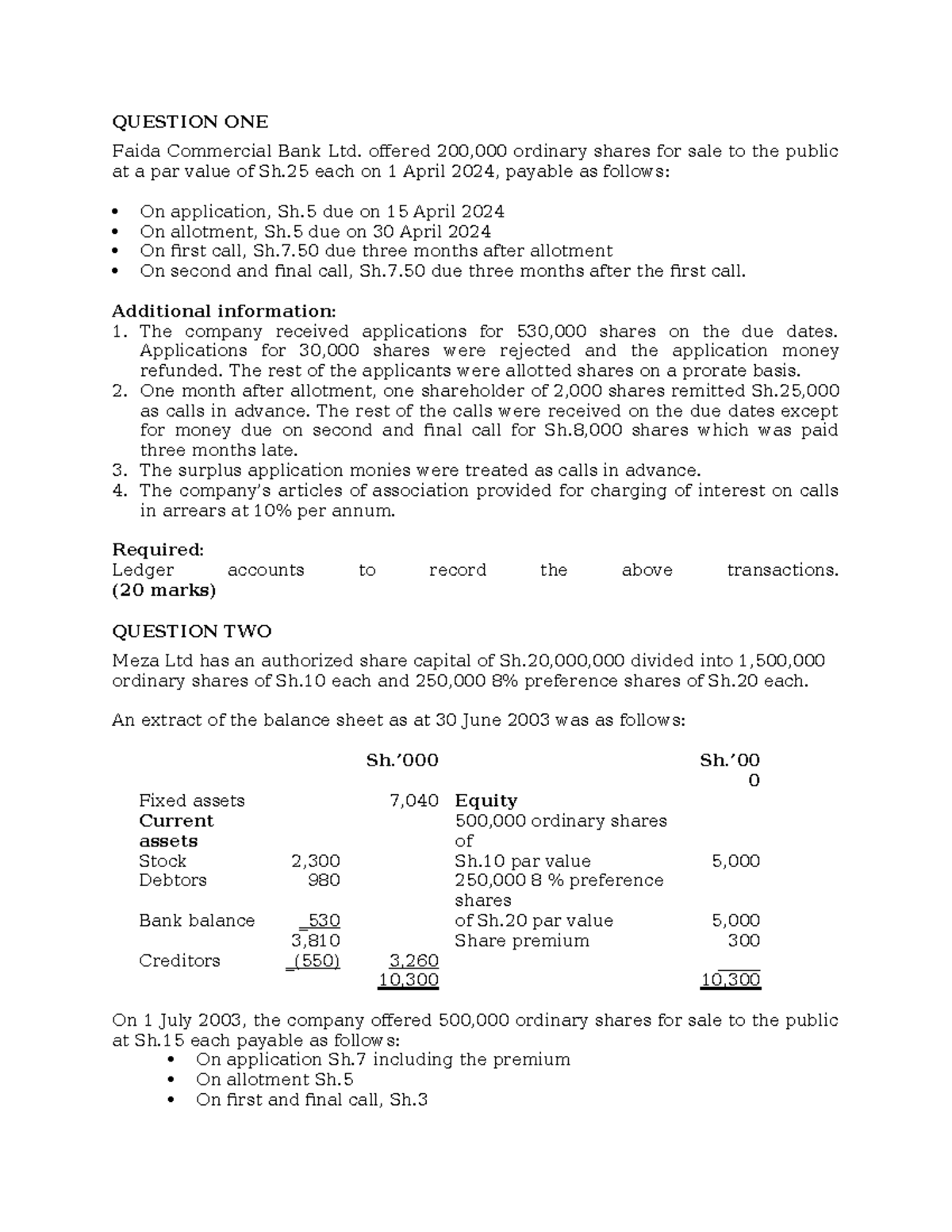 Issue of shares questions - QUESTION ONE Faida Commercial Bank Ltd ...