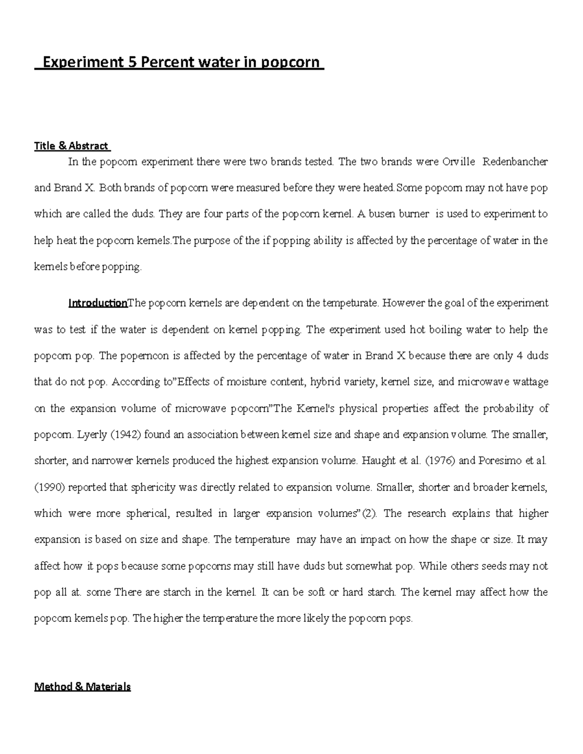 Chem 108 - Formal Report Rubric - Experiment 5 Percent water in popcorn Title & Abstract In the ...