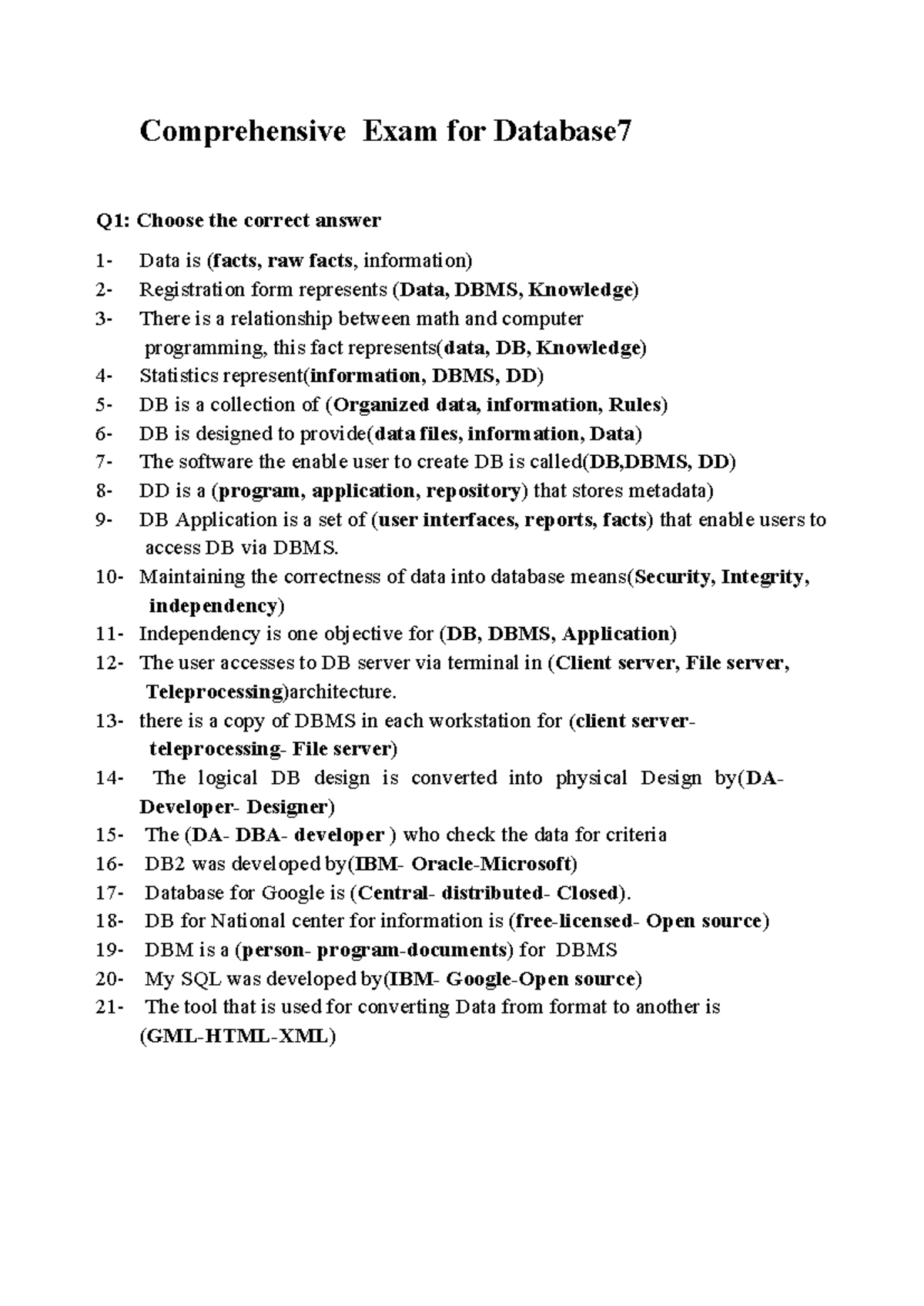(9)week+exams+for+DB7 - Comprehensive Exam for Database Q1: Choose the ...