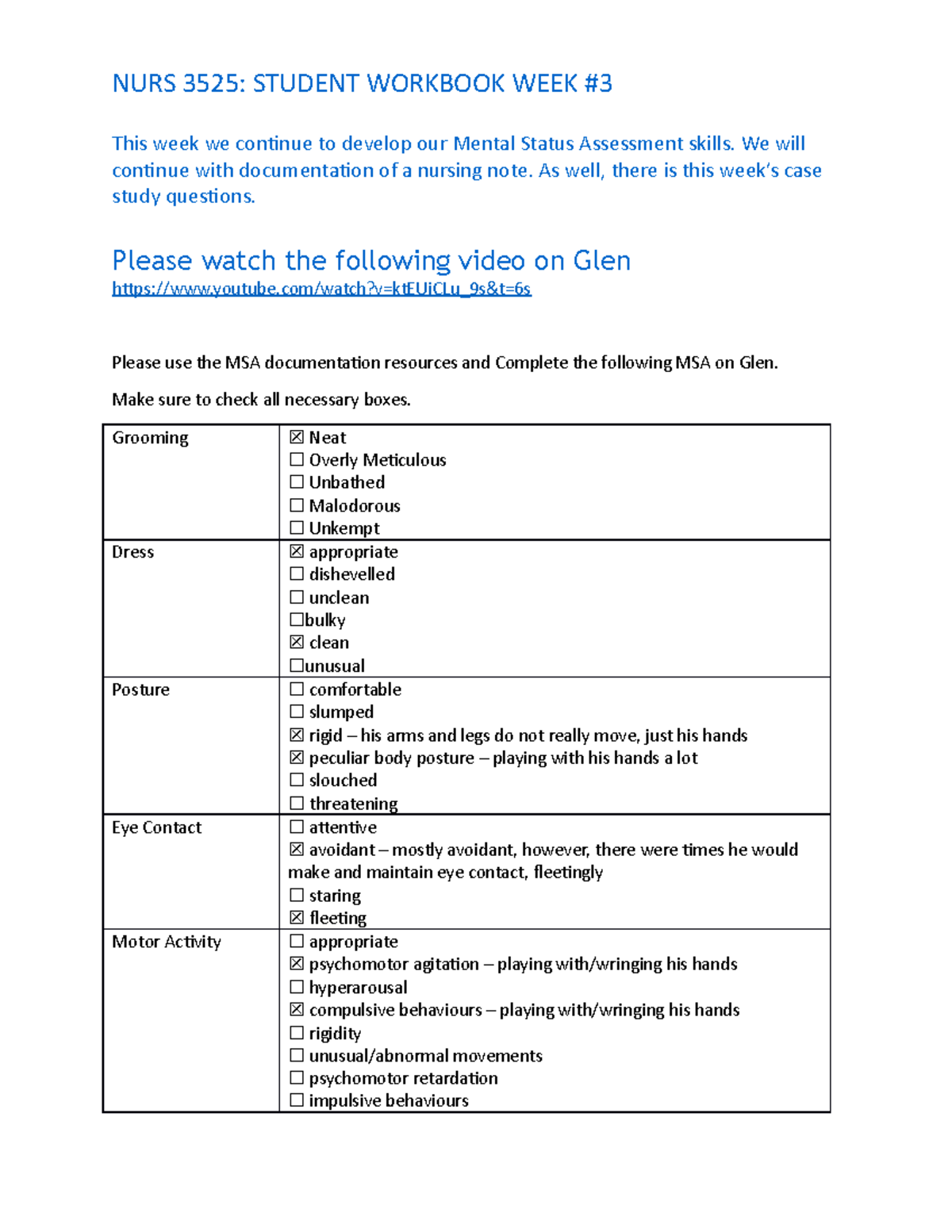 Student Workbook Week #3 - This week we continue to develop our Mental Status Assessment skills ...