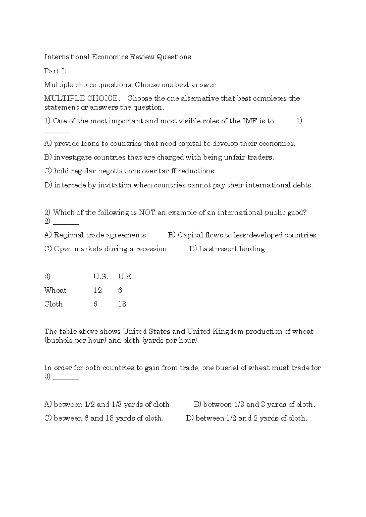 International Economics Review Questions - Choose one best answer ...